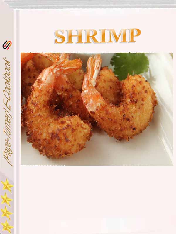 Page turner digital e-cookbooks showing recipes from shrimp